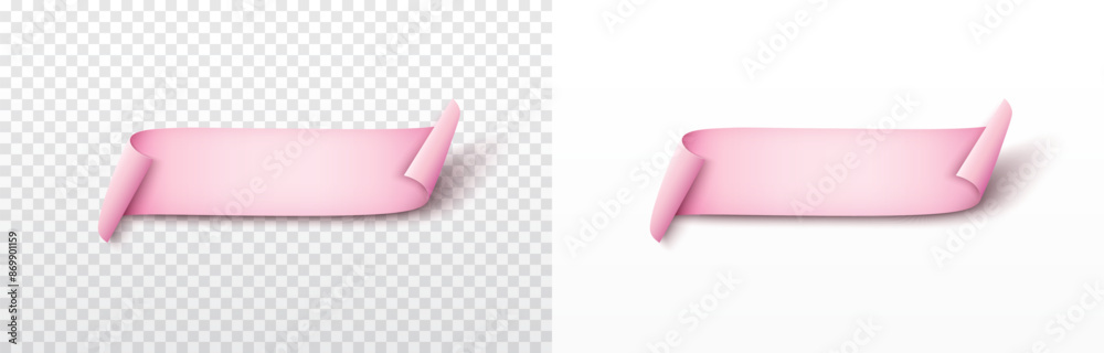 Pink ribbon, scroll or paper curved banner isolated on transparent and ...