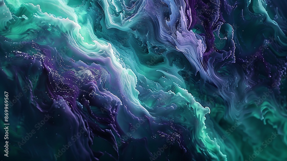 Vivid ultraviolet energy converging with serene jade hues, forming an ...
