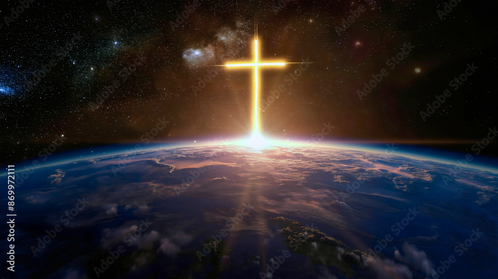 Shiny glowing golden Christian religion faith cross symbol sign above ...