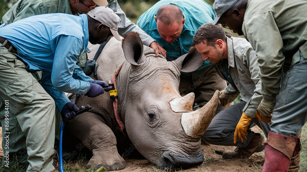 A group of conservationists and researchers work together to collar a ...