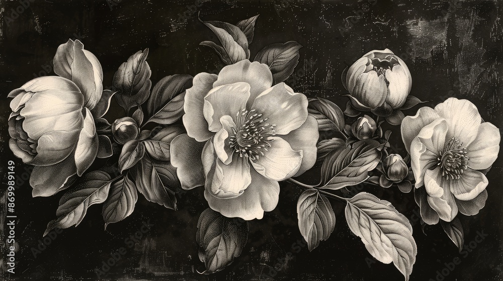 Nostalgic old engraving, delicate flowers immortalized in intricate ...