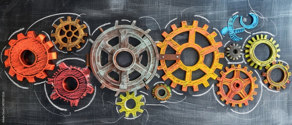 Drawing interconnected gears and mechanisms with chalk, business ...