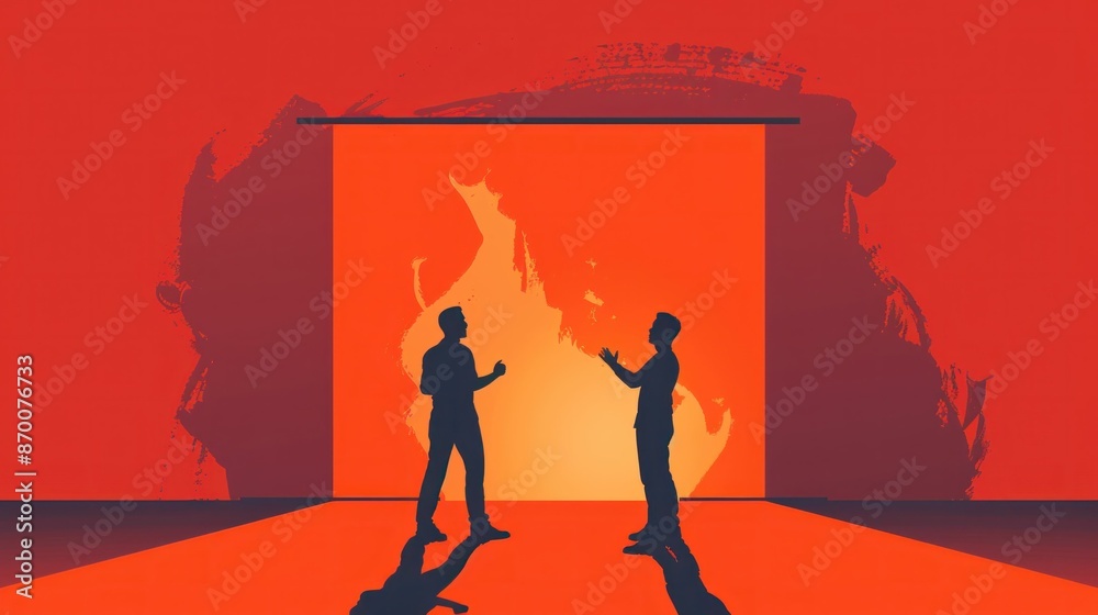 Escape from the burning building two people standing in front of open ...