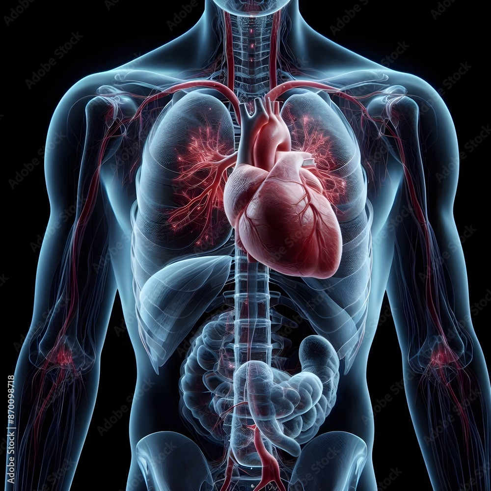 A detailed medical illustration of the human heart anatomy within the ...