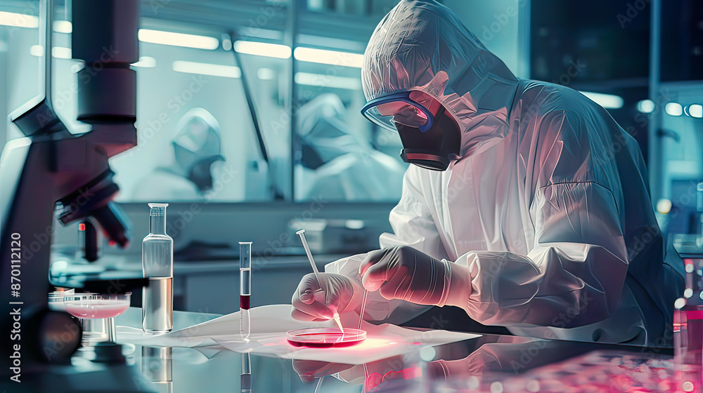 Research in a secure laboratory scientists in protective gear chemist ...