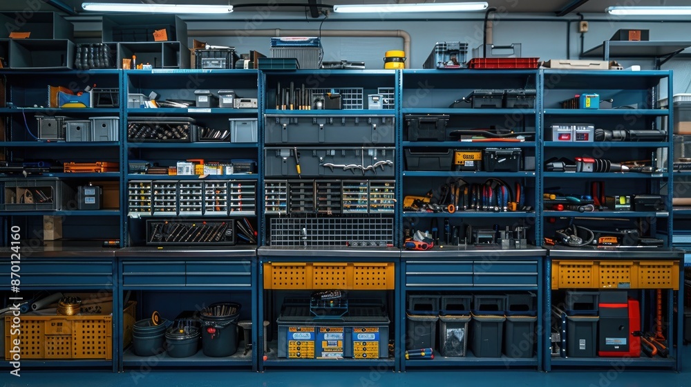 An organized workspace with labeled bins for tools and materials ...