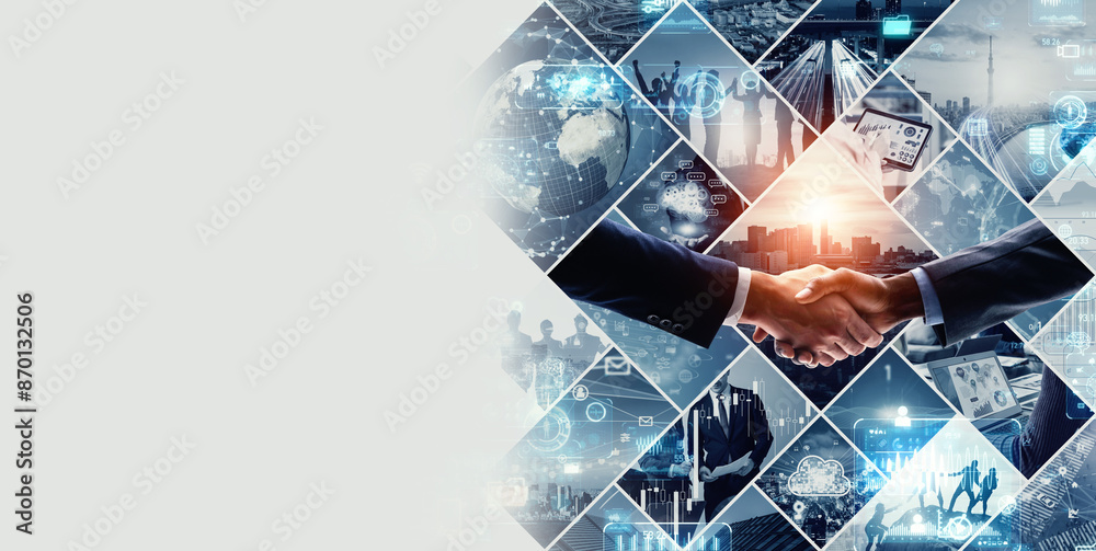 Collage background visual of various business scenes and technology ...