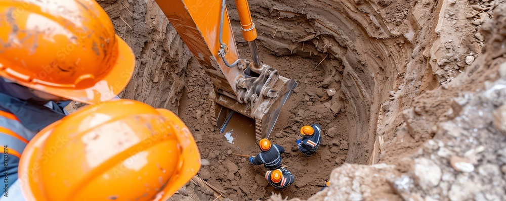 Workers in safety gear and excavator digging a deep hole for a ...