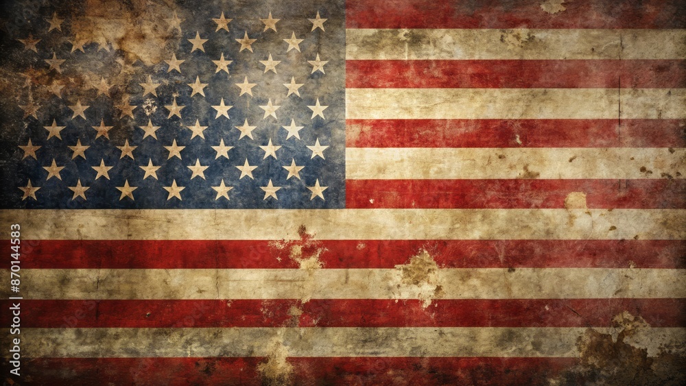 Faded, distressed American flag with worn, vintage stars on a muted ...