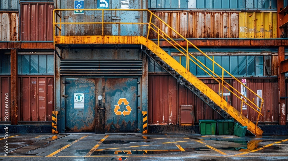 Industrial facility with visible signs for recycling and waste ...
