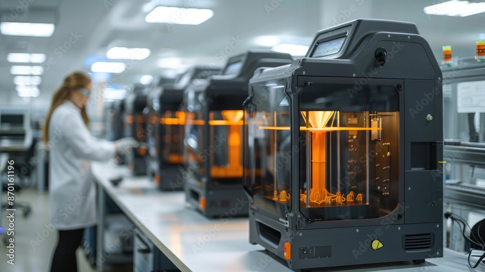Large-scale 3D printing facility producing complex parts, with multiple ...