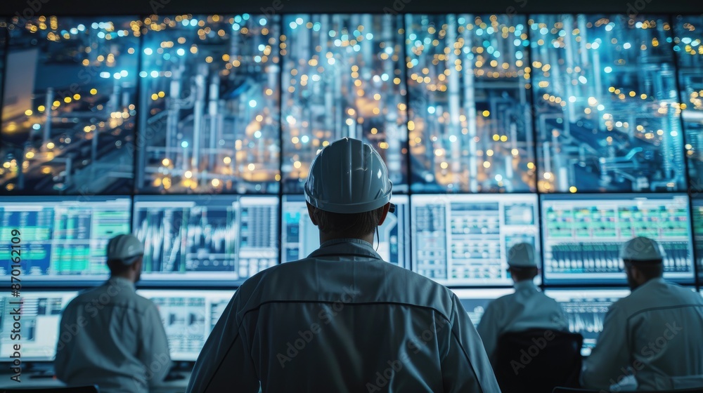 Technicians monitoring real-time pollution data on screens in a control ...