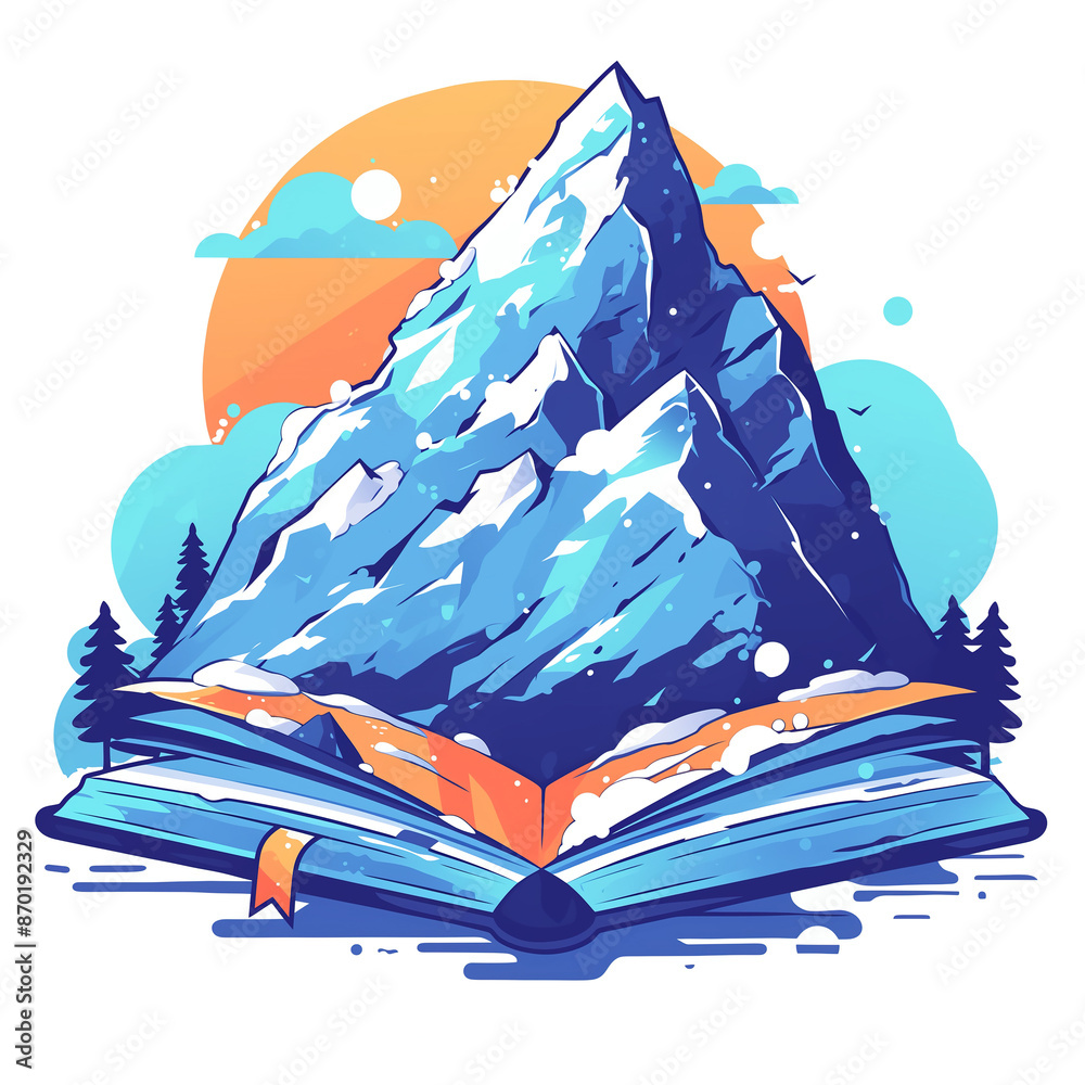 Minimalist cartoon vector logo of a mountain range blending with a book ...