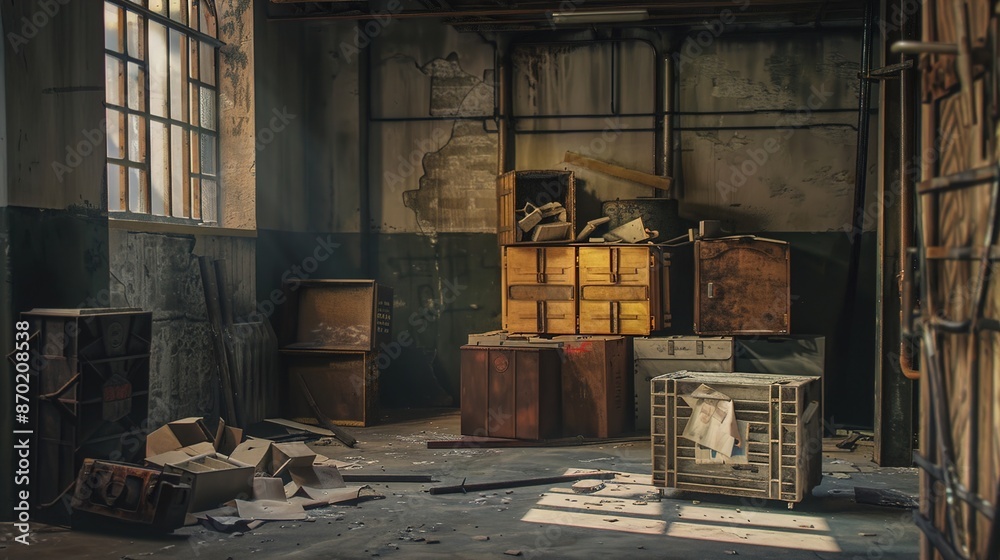 An abandoned warehouse escape room with rusted tools, broken crates ...