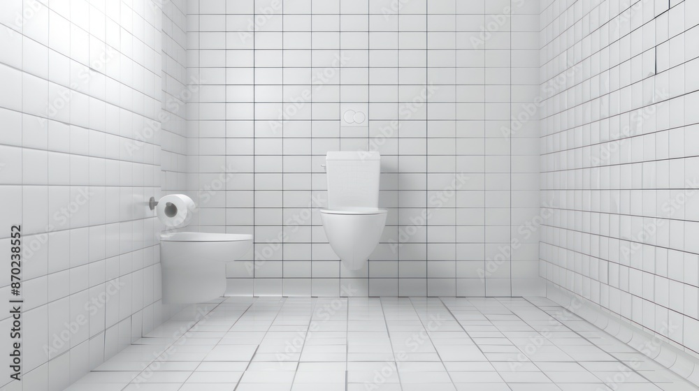 Clean bathroom stall with toilet paper roll and flushing mechanism ...