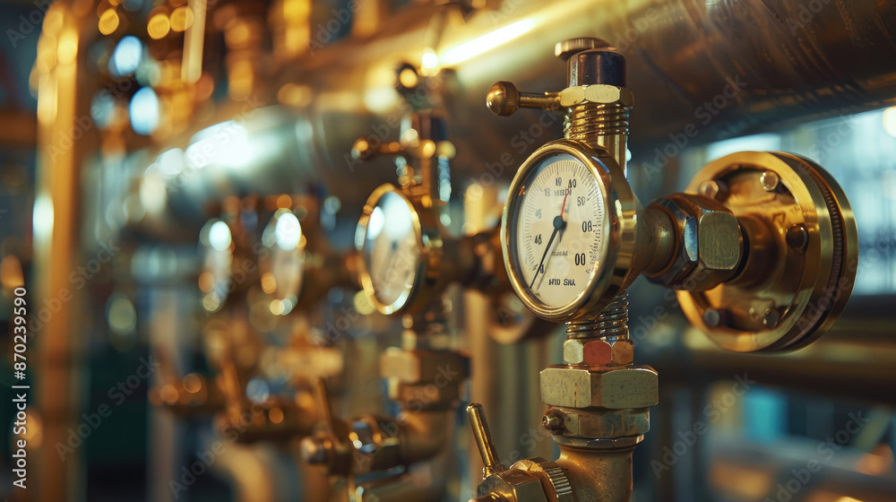 Brass Piping and Pressure Gauges in Industrial Environment Stock Photo ...