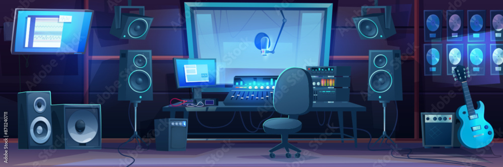 Music record studio interior with mixer on desk and monitor, microphone ...