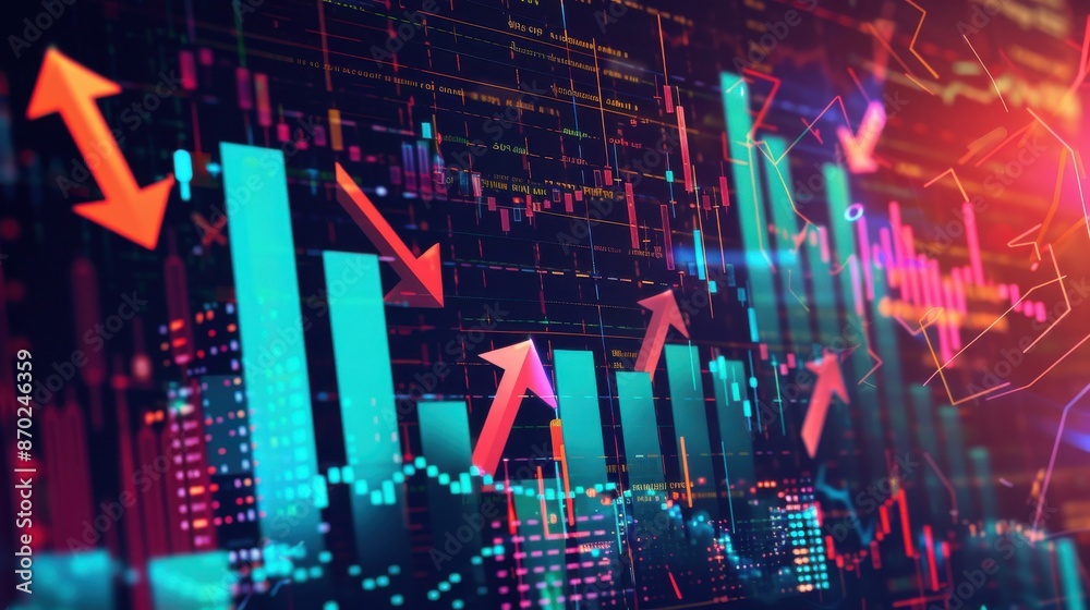 Digital currency dropping value with downward arrows, scifi tone ...