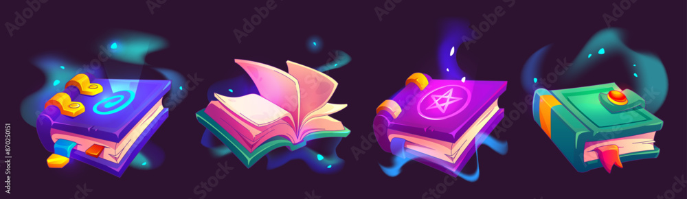 Magic closed and open books with parchment paper, hard cover with ...