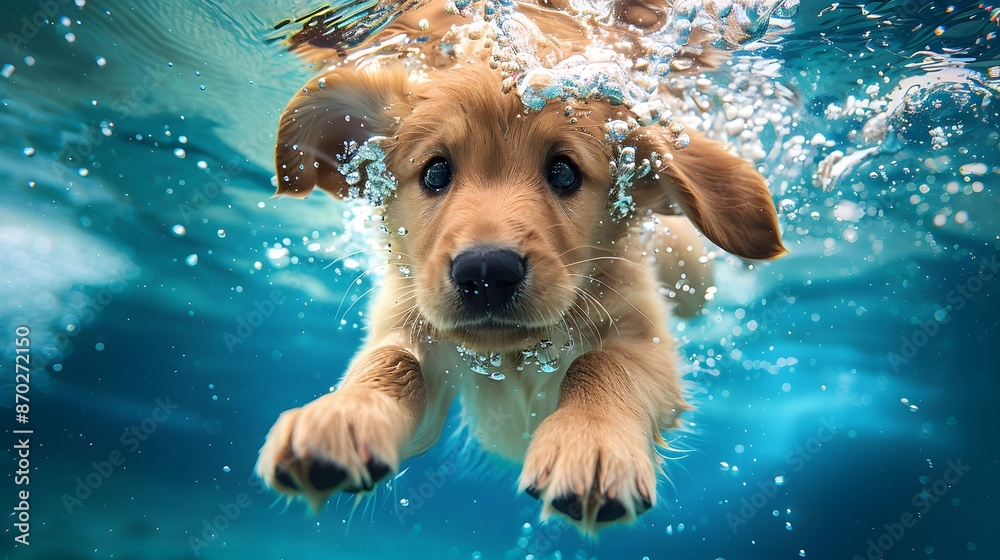 Underwater funny photo of golden labrador retriever puppy in swimming ...
