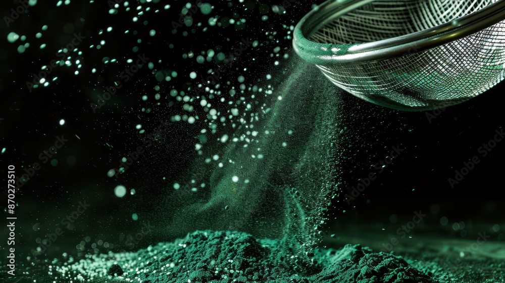 Spirulina powder falling through a sieve in dark background, creating a ...