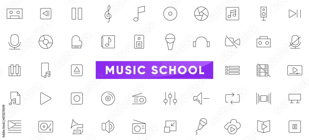 Music school linear icon set. School, instruments, students, sheet ...