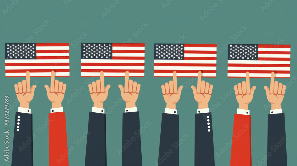 A group of people holding up American flags with one finger pointing to ...