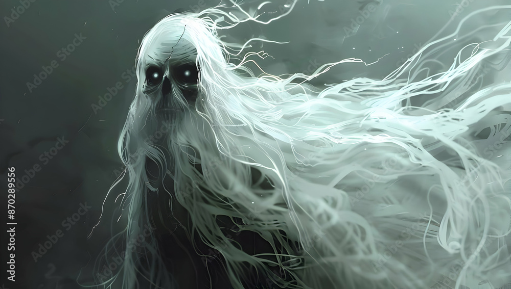 Eerie ghostly figure with long flowing hair in a misty, dark atmosphere ...