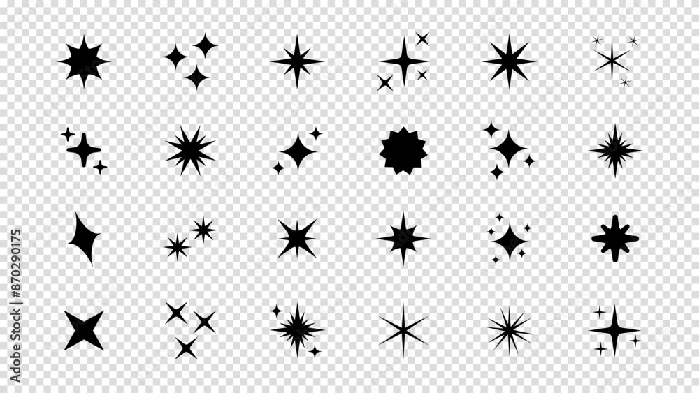 Set of original star sparkle shapes. Abstract shine effect vector sign. Retro futuristic bright ...