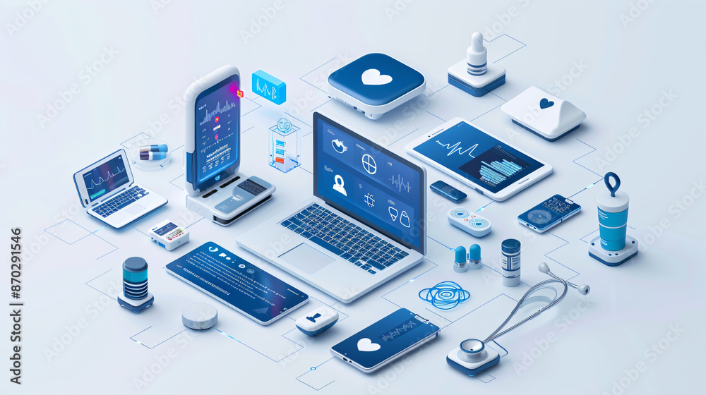 Trends in remote patient monitoring theme, top view, show devices ...