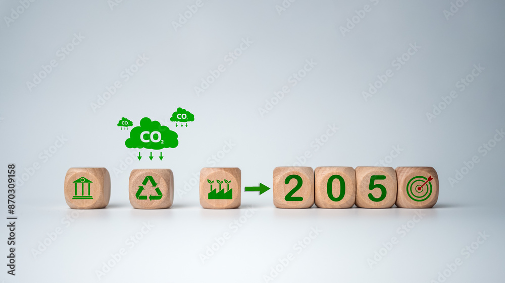 Net zero by 2050, Wooden block with Carbon credit symbol in 2050 on ...