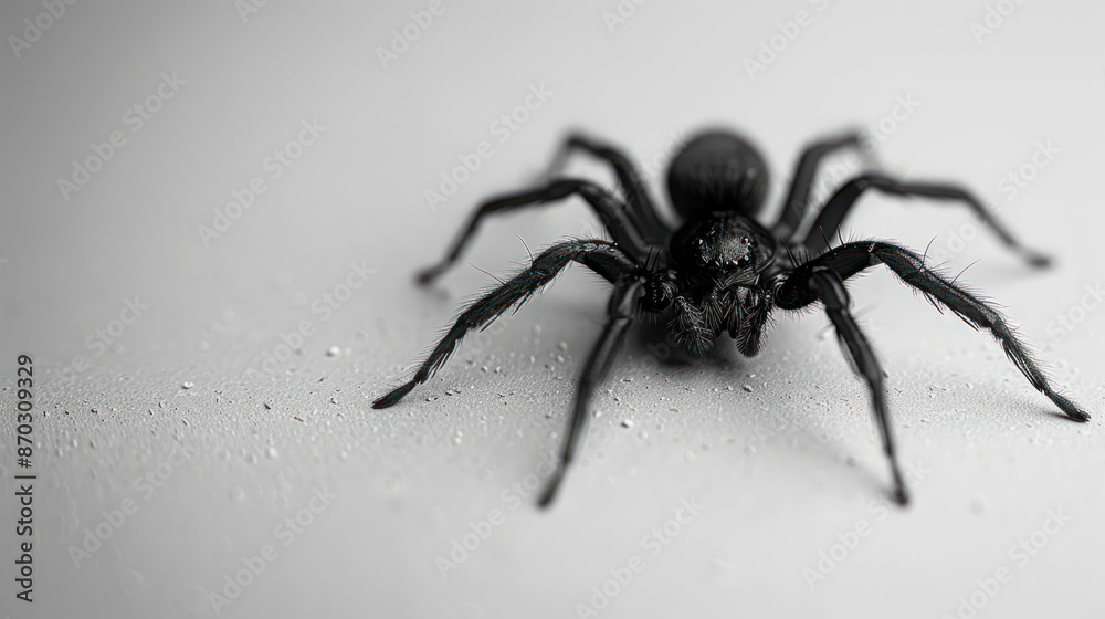 A close-up, black and white photograph of a black spider on a white ...
