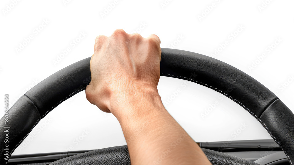 human hand placed on the steering wheel of a car isolated on a white ...