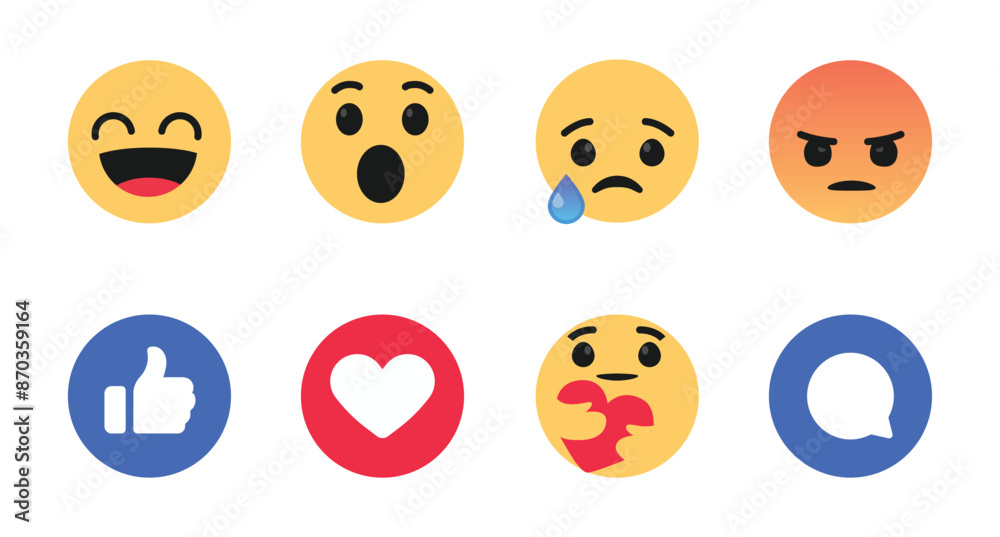 Facebook reactions. social media smiley emoji face ; thumb up icon ...