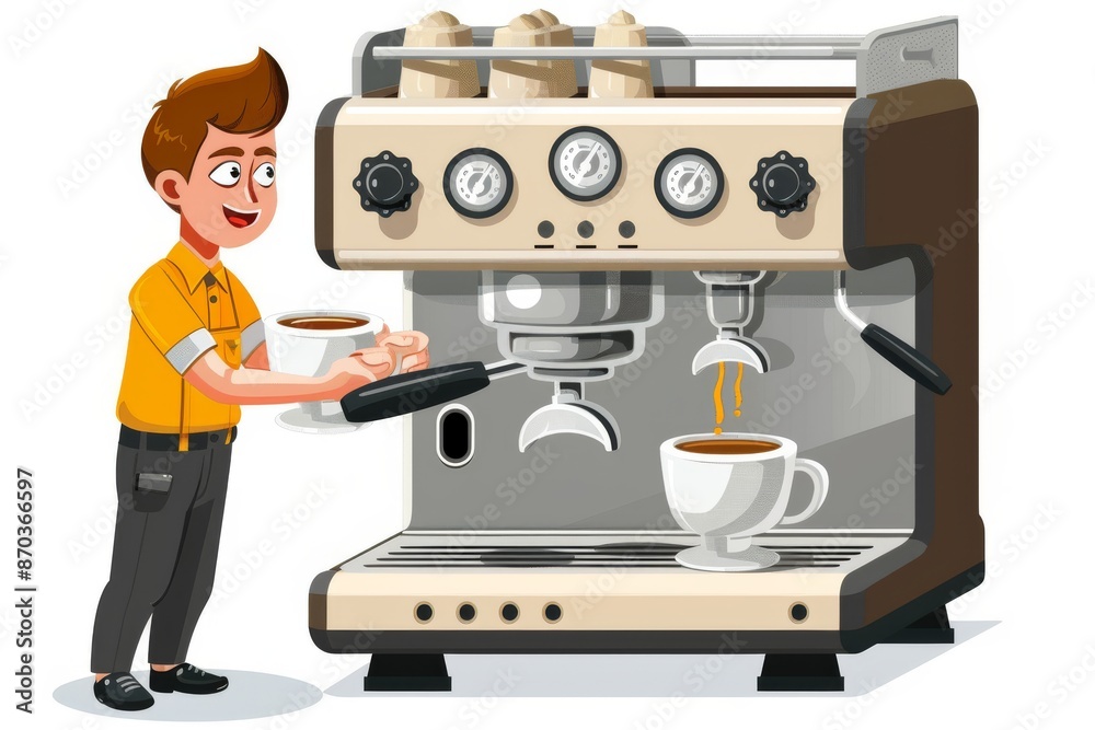 Cartoon Style Barista Using Espresso Machine in a Fun and Playful ...