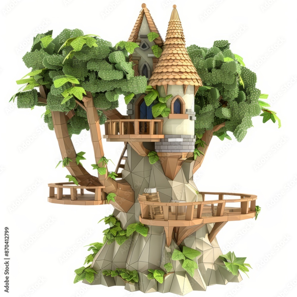 3D Render, Low Poly style of a lush forest treehouse castle, on ...