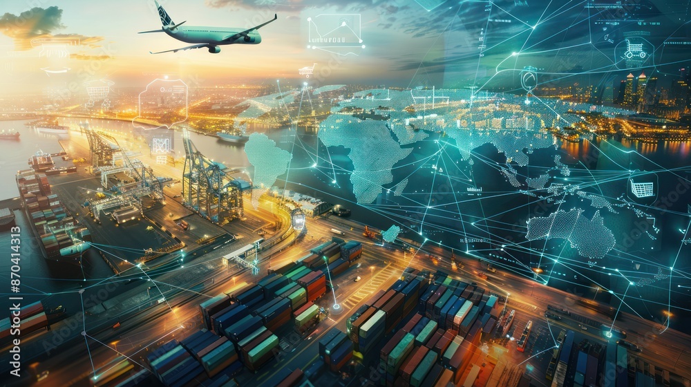 Global logistics network with shipping containers, cargo ships, and an ...