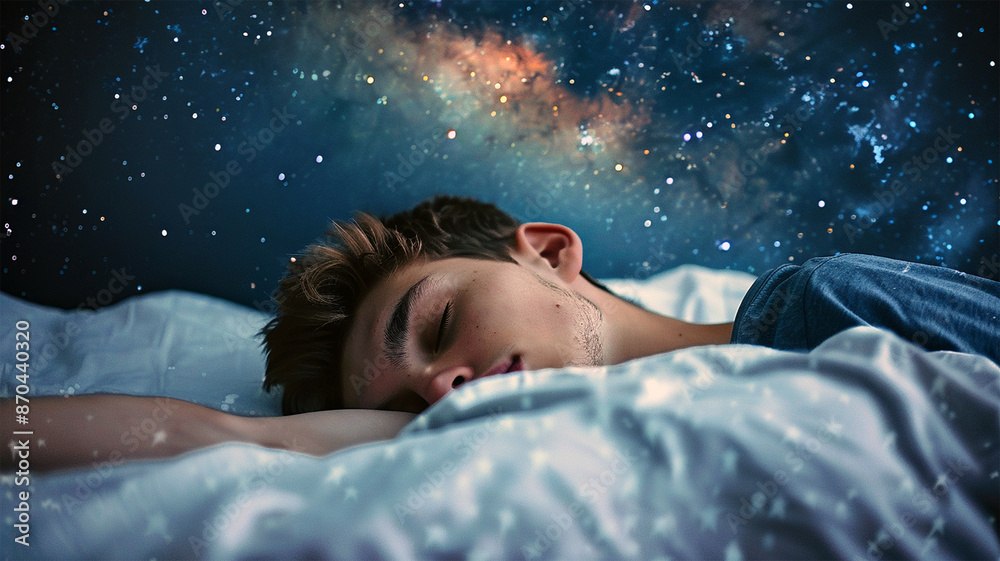 A young man sleeping peacefully in his bed. In the background is a ...