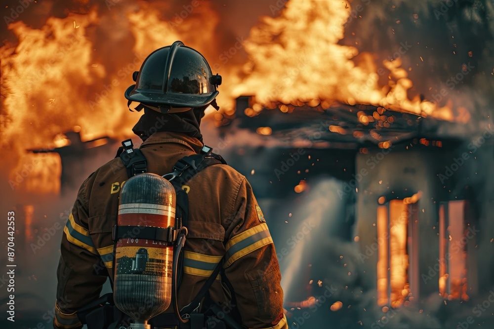 "Brave Firefighter in Full Uniform with Oxygen Tank Facing a Burning ...