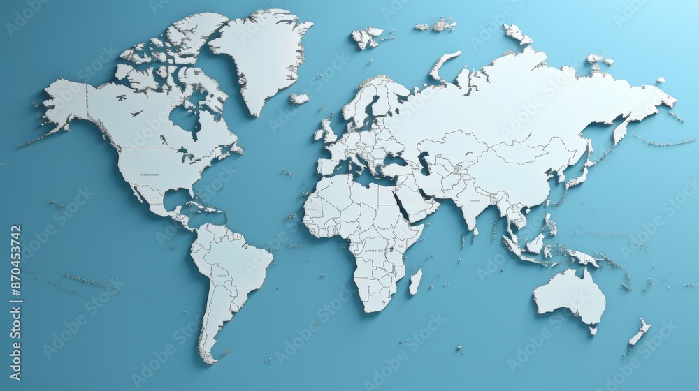 Simplified 3d world map on soft blue gradient background with ...