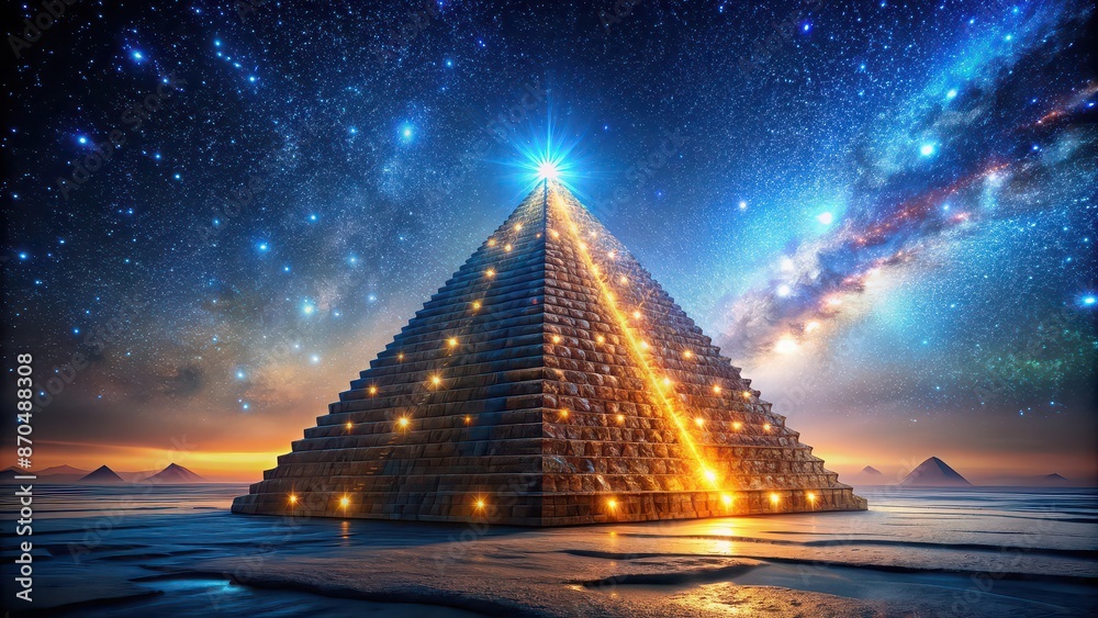 Mystical pyramid with glowing lights against a starry night sky ...