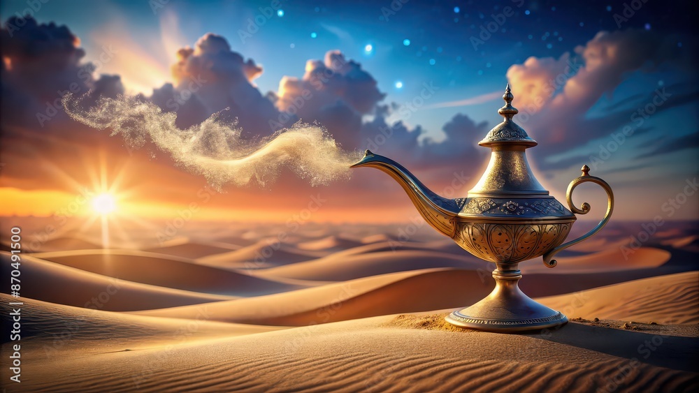 Lamp of wishes and genie appearing in a desert setting, lamp, wishes ...