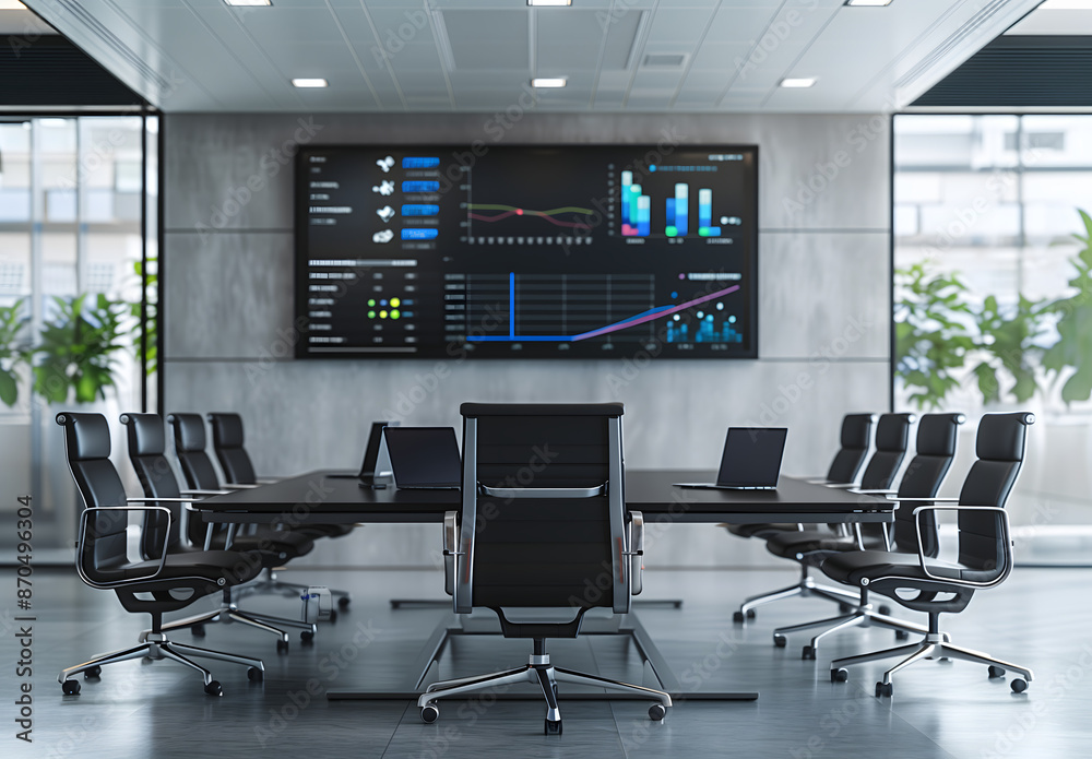 High-tech conference room large touch screen table chairs around ...