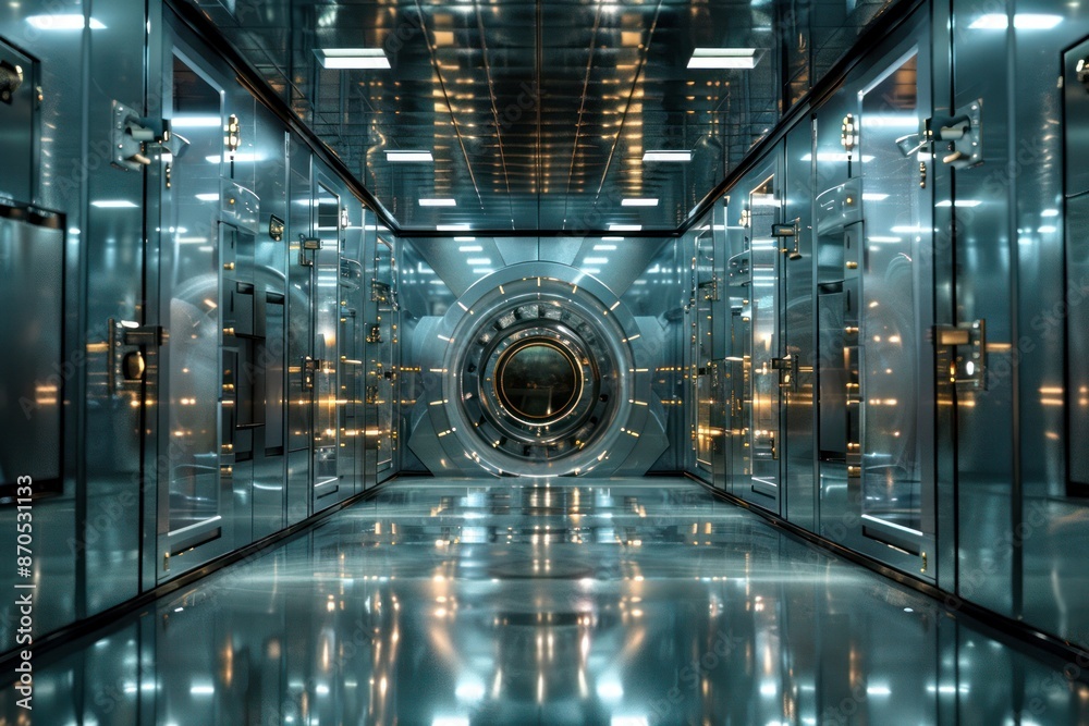 Futuristic Bank Vault Interior with Secure Steel Doors and Reflective Surfaces Stock ...