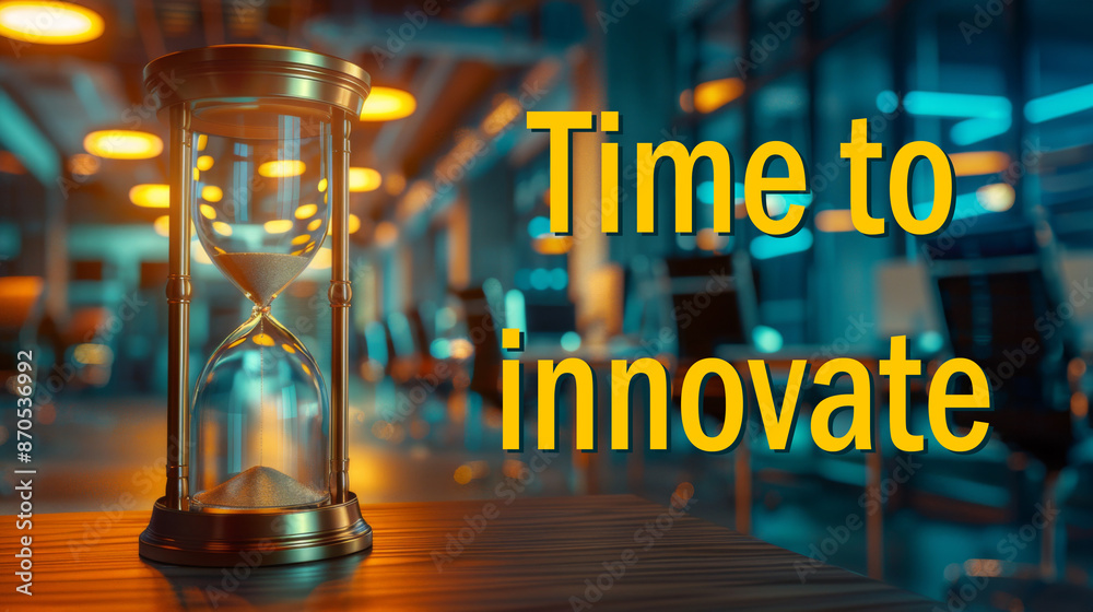 Time to innovate text next to hourglass on office background. Business ...