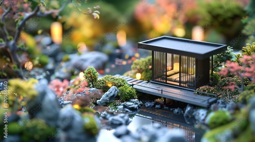 Modern landscape design for an open area of 20x40 mm with a small hut ...