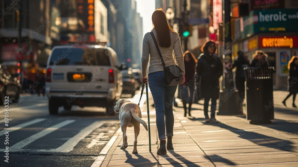 Guided by her loyal canine companion, a stylish blind woman navigates ...