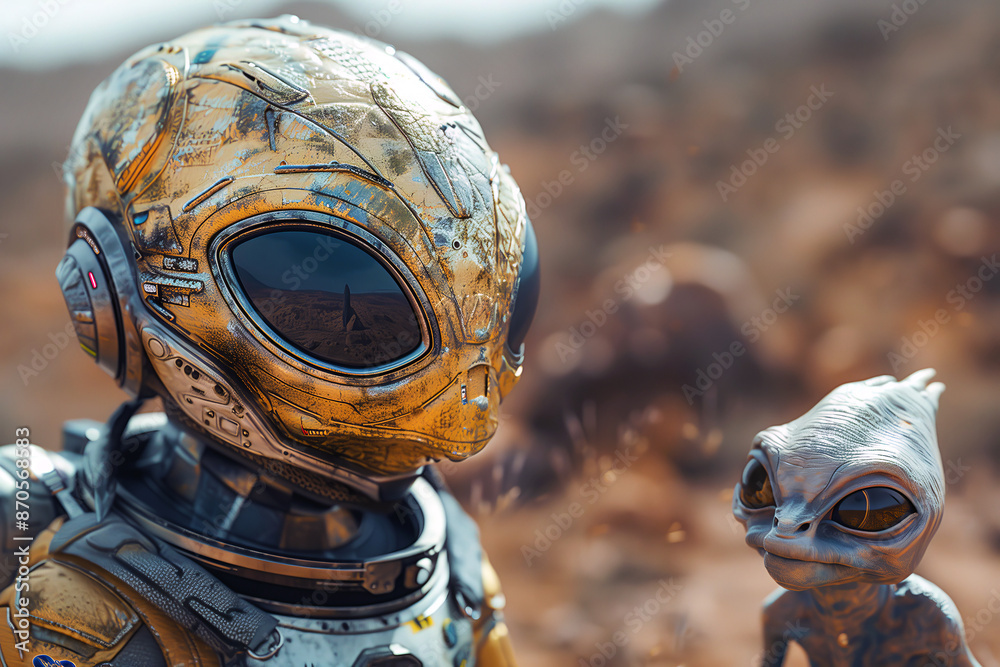 An alien astronaut in a detailed helmet having a close interaction with ...