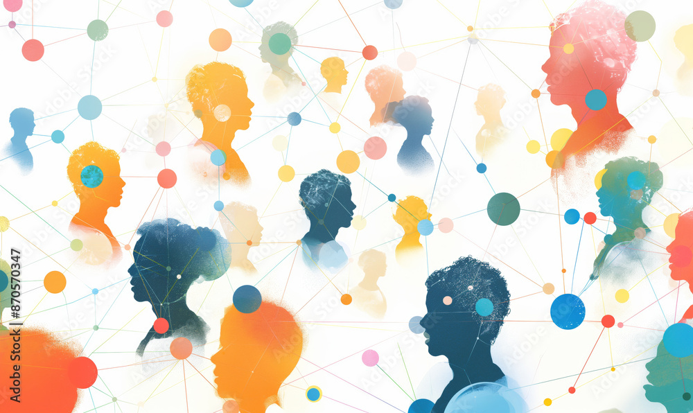 Colorful silhouettes of people connected by a network of nodes and ...