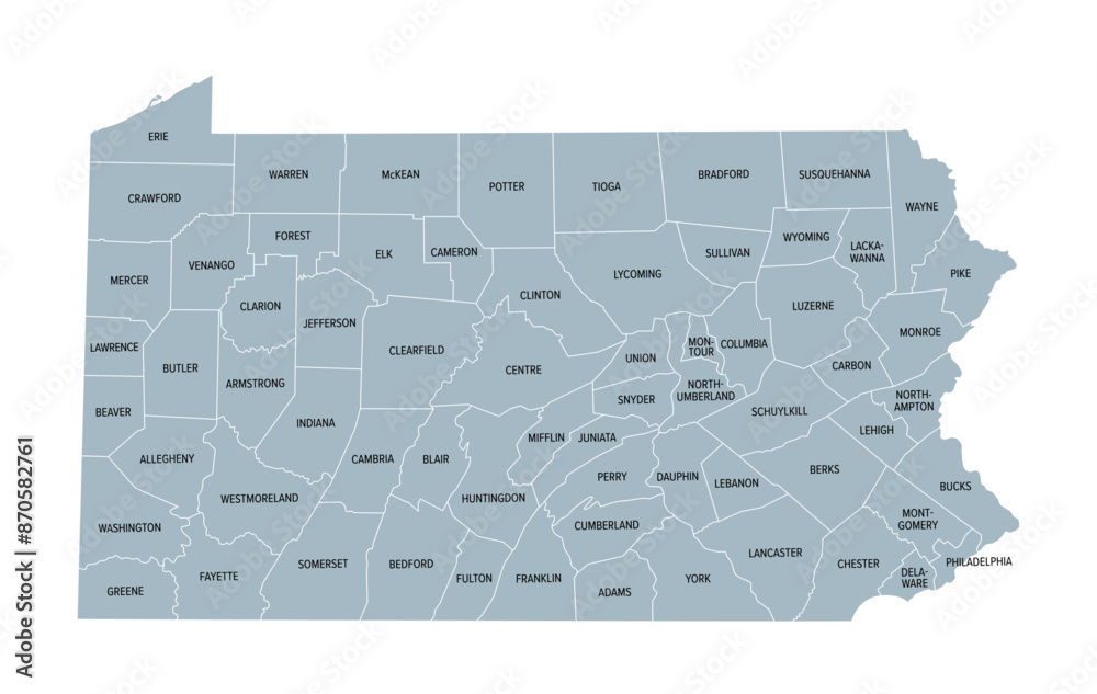 Pennsylvania counties, gray political map. Commonwealth of Pennsylvania ...